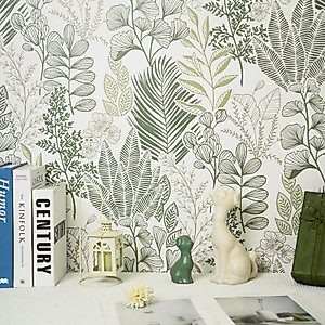 HeloHo Peel and Stick Wallpaper Green Leaf Floral Wallpaper for Bedroom Self Adhesive Removable Wallpaper Waterproof Contact Paper for Furniture Bathroom Dining Room Living Room Decor 16.1" X 118"