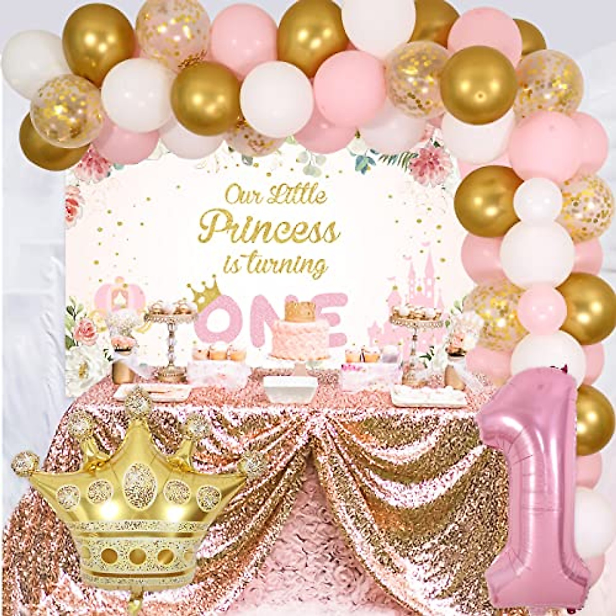 Little Princess 1st Birthday Decorations for Girls, Pink White and Gold Balloon Arch Kit, Pink 1 Balloon for First Birthday, Gold Crown Foil Balloon, Our Little Princess Is Turning One Backdrop