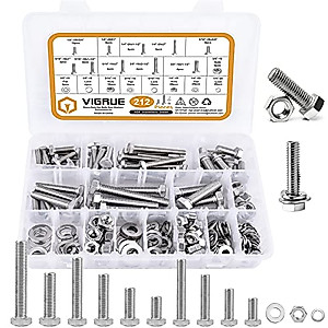 Hex Bolts Assortment Kit, VIGRUE 212PCS/53 Sets 1/4-20 5/16-18 3/8-16 Heavy Duty Bolts Screws Nuts Flat Spring Washers, Includes 10 Common SAE Sizes, 304 Stainless Steel