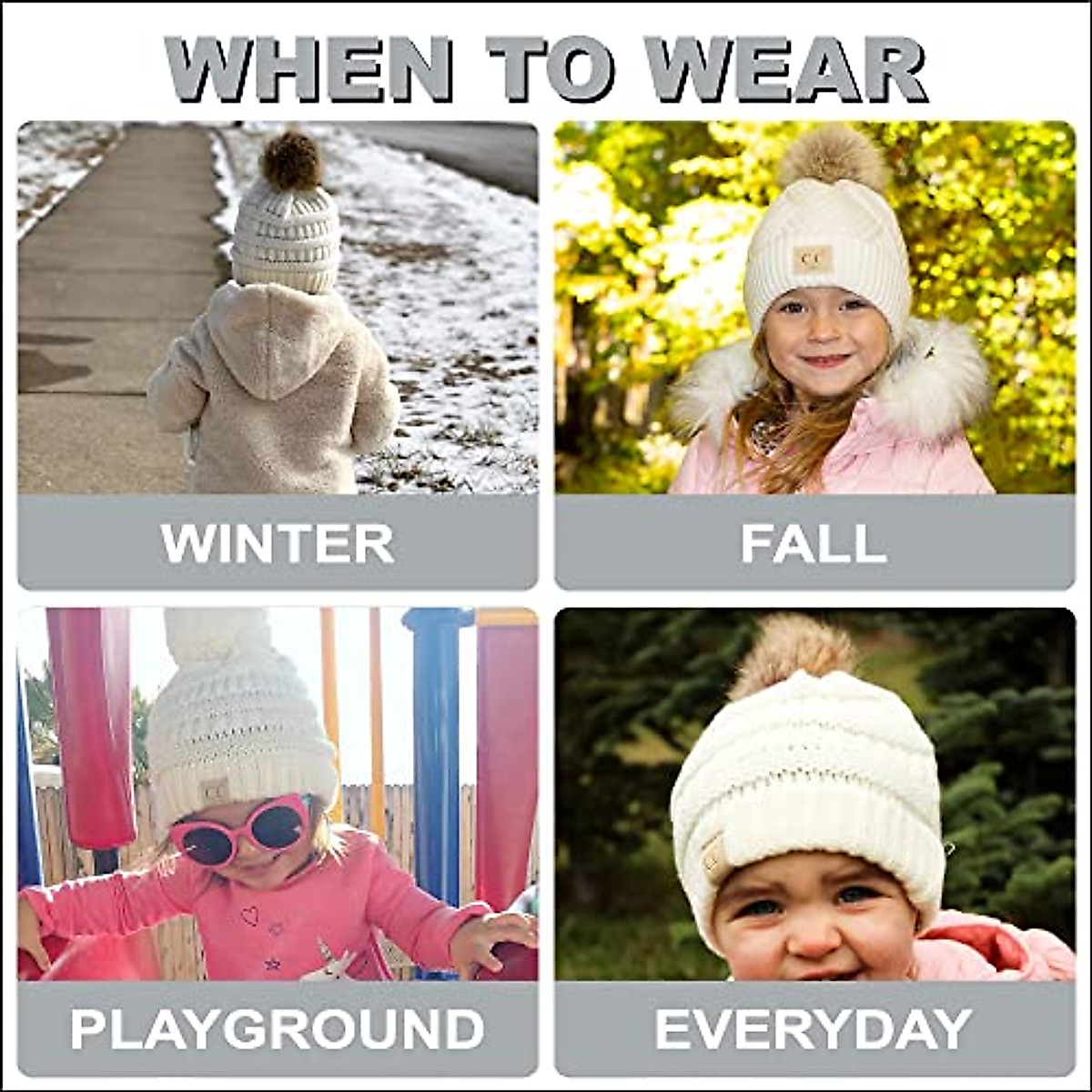 Funky Junque Girl's Knit Pom Beanie Hat: Diagonal Stripes Faux Fur Pom w/Patch (White)