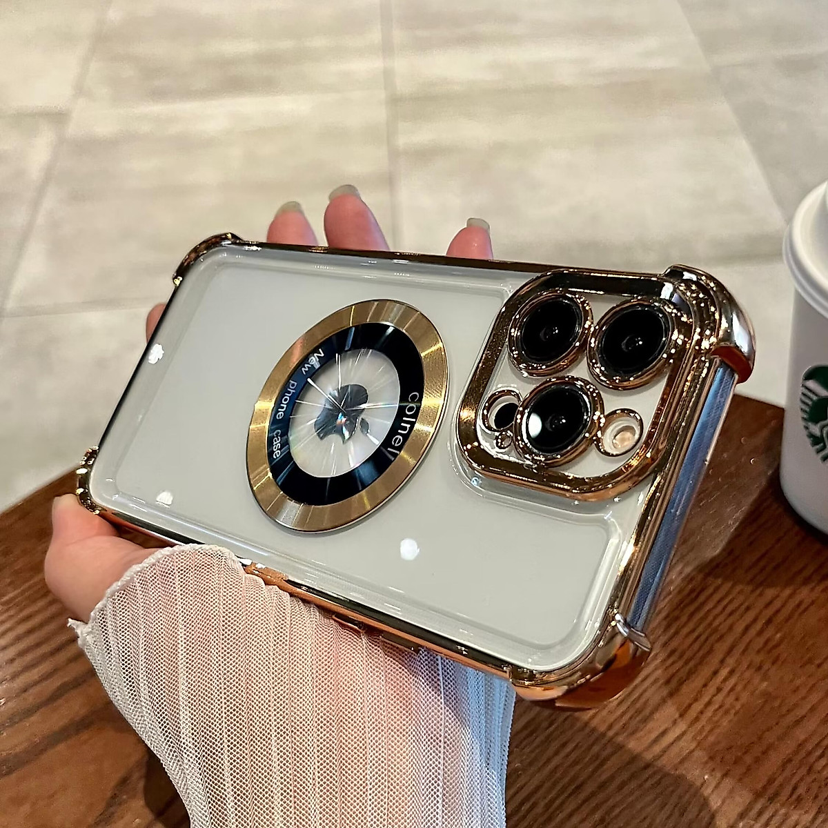 LOOBIVAL Magnetic for iPhone 13 Pro Max Case Compatible with MagSafe, [Military Grade Protection] Logo View Slim Transparent Clear Electroplate Bumper Cover Case for iPhone 13 Pro Max 6.7” (gold)