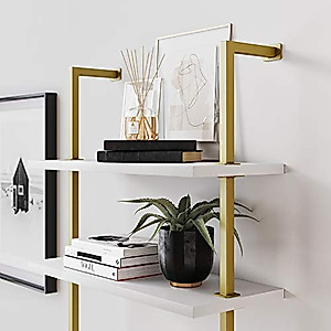 Nathan James Theo 2-Shelf Industrial Wall Mount Ladder Small Computer or Writing Desk, White/Gold Brass