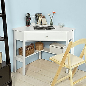 Haotian FWT31-W, White Corner Desk, Triangle Computer Desk with Drawer and Shelf, Home Office Desk, Computer Workstation