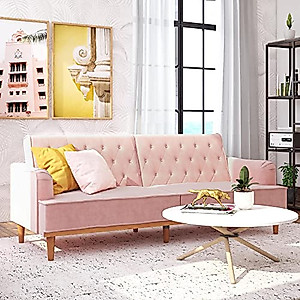 Mr. Kate Stella 80 Inch Futon Sofa Bed in Velvet Fabric, Modern Upholstered Couch Sleeper with Button Tufted Back and Wood Trim, Pink
