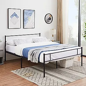 VECELO Queen Size Metal Bed Frame with Headboard and Footboard, 12'' Under-Bed Storage & Strong Slats Support, No Box Spring Needed