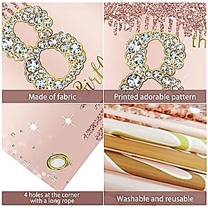 Happy 8th Birthday Banner Backdrop Decorations for Girls, Rose Gold 8 Birthday Party Sign Supplies, Pink Eight Year Old Birthday Poster Background Photo Booth Props Decor