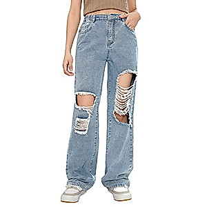 Floerns Girls Cut Out Ripped Wide Leg Jeans High Waist Distressed Denim Pants Light Blue 14Y