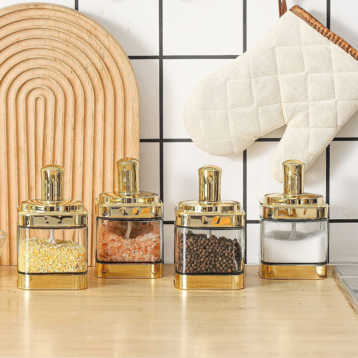 BETTWILL Glass Condiment Spice Jars, Container with Lids and Spoons(11oz/320 ml), Gold Salt Jar, 2Pack Seasoning Box Set for Sugar, Pepper, for Kitchen Counter，Brown Sugar Container.