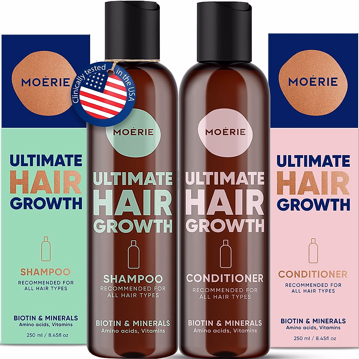 Moerie Volumizing Shampoo and Conditioner for Hair Loss - Thickening Products with Ingredients of Natural Origin - Over 100 Active Ingredients for Thick, Long, Luscious Hair, 2 X 8.45 Fl Oz