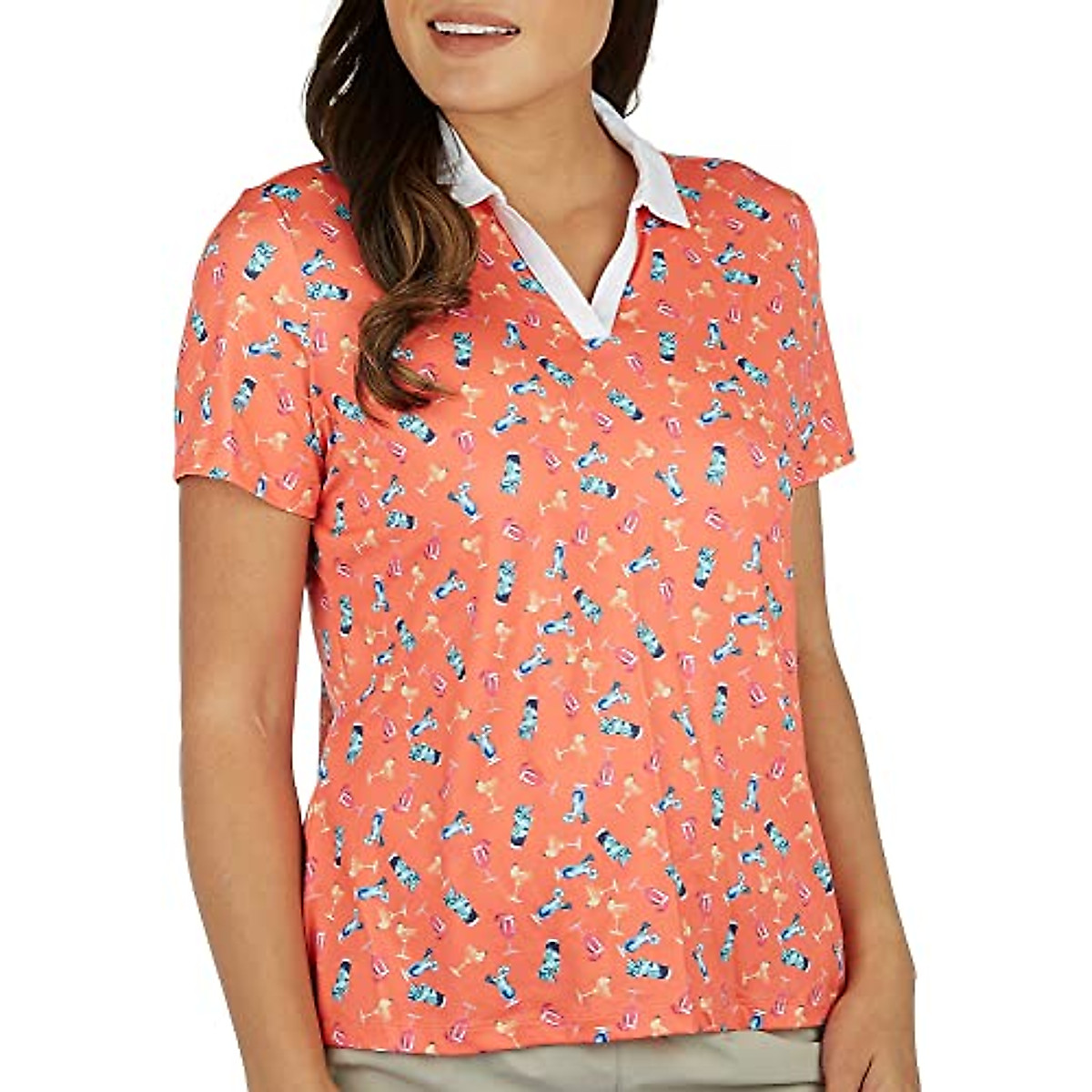 Coral Bay Golf Petite Cocktails Short Sleeve Polo Top Large Petite Coral Multi