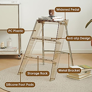 Folding Step Stool for Adults, 3 Step Ladder for Kitchen, Library Step Stool Acrylic Chair with Anti-Slip Platform and Steel Frame, Storage Shelf for Garden, 170lbs Capacity (Amber)