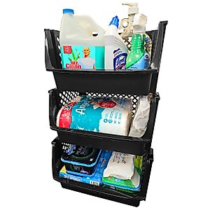 Skywin TidyFriend Large Plastic Stackable Storage Bins for Pantry Black - 3-Pack, Large Stackable Bins For Organizing Food, Kitchen, and Bathroom Essentials (Rhombus)