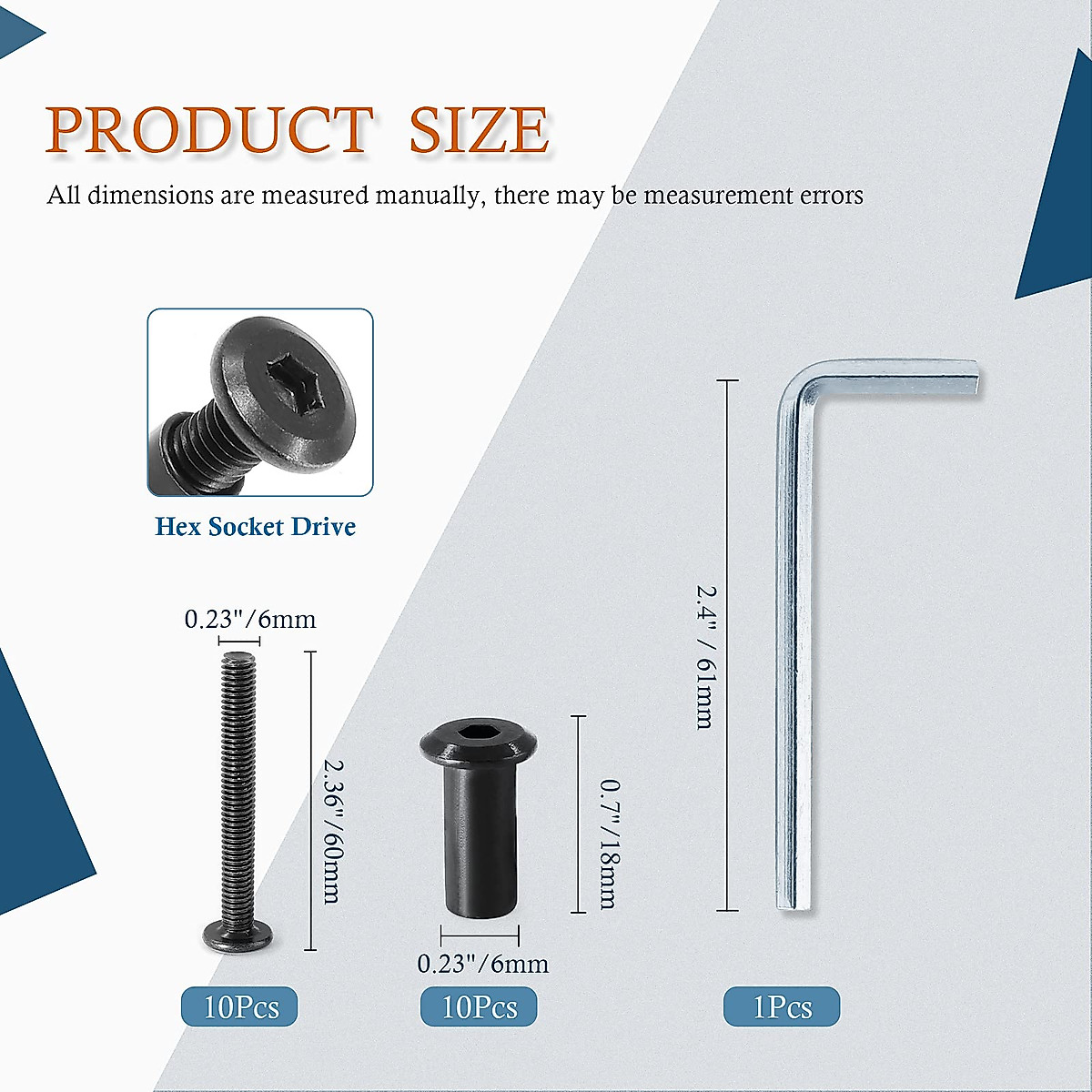 Jersvimc 10 Pair(20 Piece) M6x60mm Hex Drive Socket Cap Bolt with Allen Wrench, Black Furniture Connector Bolts M6 Countersunk Screw Barrel Nuts Binding Screws for Crib Replacement Belt Cabinet