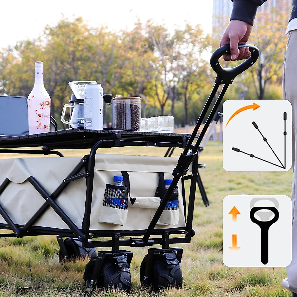 JHXG Wagons Carts Heavy Duty Foldable, Collapsible Wagon Utility Camping Park Wagon Cart, Folding Wagon Cart, Utility Wagon with Push Pull Handles, with Black Aluminum Table Plate (Beige)