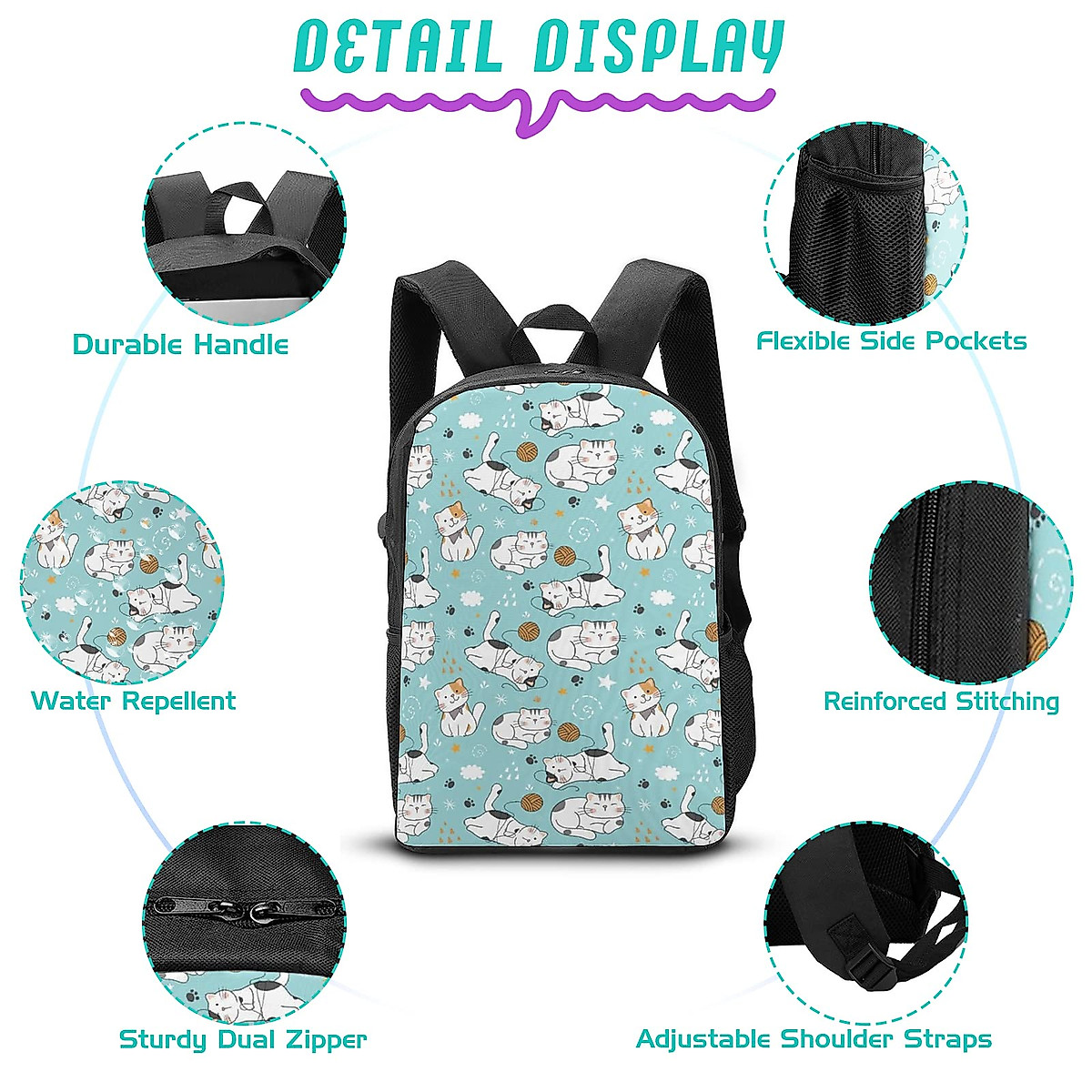 Cat Cute Aesthetic Backpack Set for Elementary School Student, Lightweight Classic Backpack for Women Girls School Bookbags with Lunch Box Pencil Case, Kawaii Backpack for Travel, School, Outdoor