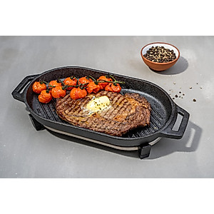 Ooni Cast Iron Grizzler Pan - Grill Frying Pan, 12" x 6" Griddle Plate with Removable Handle and Stainless Steel Trivet, Pre-Seasoned Non-Stick Oven Safe Cookware, Pizza Oven and BBQ Accessories