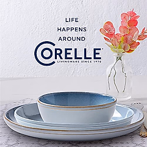 Corelle Stoneware 12-Pc Dinnerware Set, Handcrafted Artisanal Double Bead Plates and Bowls, Solid and Reactive Glazes, Dining Plate Set, Nordic Blue