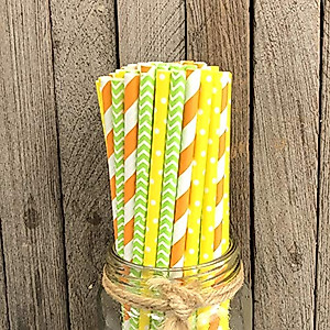 Paper Straws - Yellow Lime Green Orange - Stripe Chevron Dot - Citrus Theme - 75 Pack