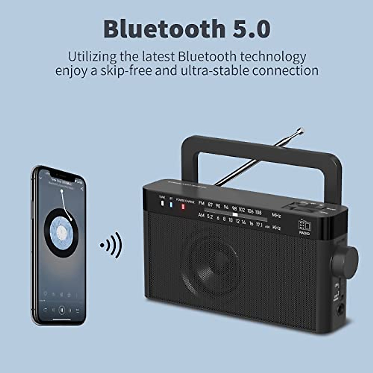JEUJUG Portable AM FM Radio Bluetooth 5.0 Radio Speaker FM Radio with Rechargeable Battery/AC Power Plug in Wall Radio,Earphone Jack