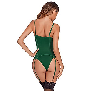 Avidlove Xmas Santa Women Lingerie Set Christmas Lace Teddy Bodysuit with Garter Belt Mini Babydoll Chemise No Stockings Green