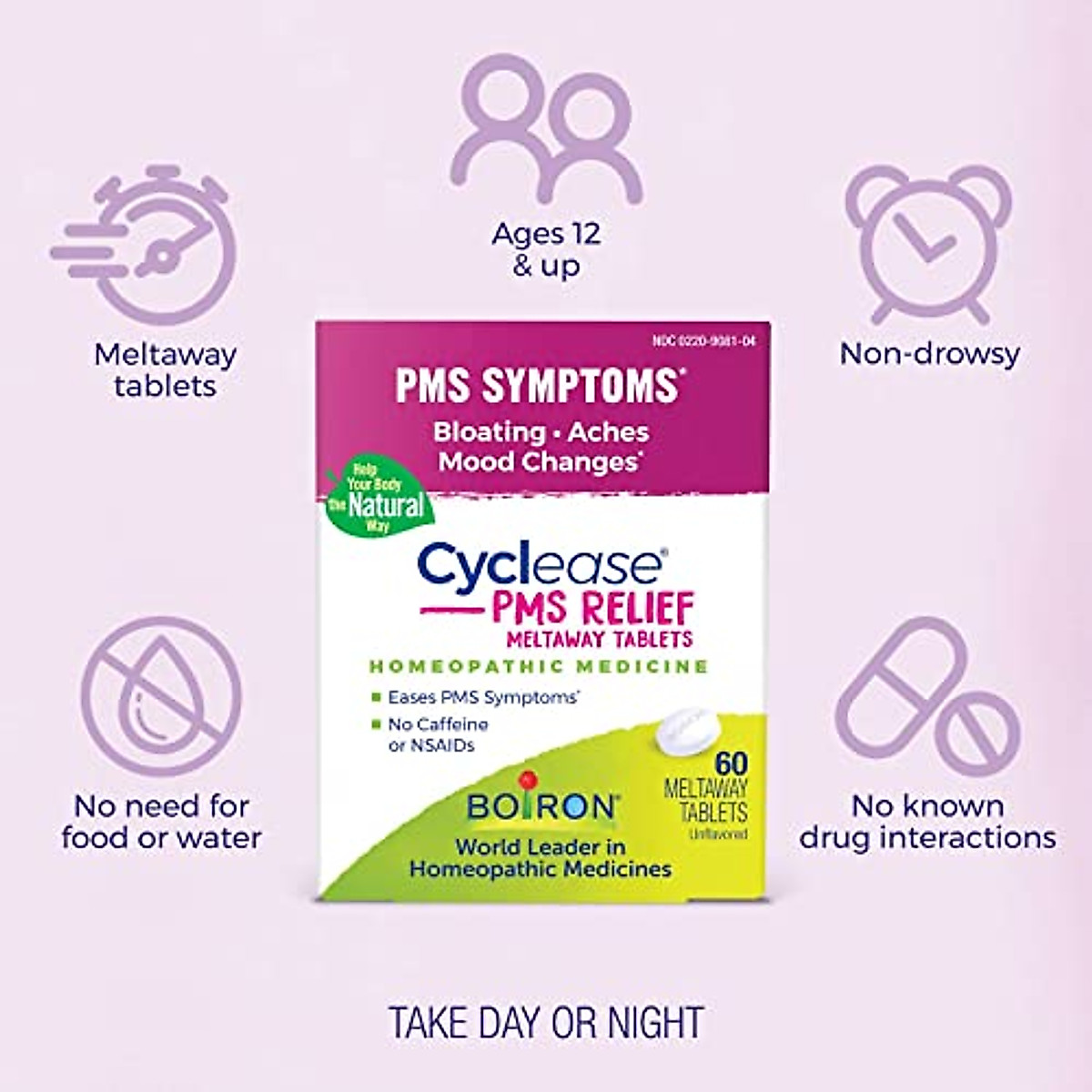 Boiron Cyclease PMS Relief Tablets for Symptoms from PMS of Bloating, Aches, Mood Swings, and Irritability - 60 Count