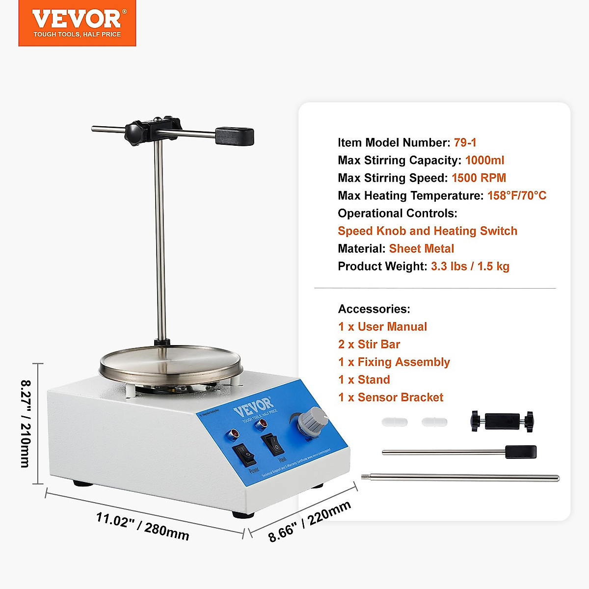 Happybuy Magnetic Stirrer 250W 158℉/70℃ Heating Hot Plate with Magnetic Stirrer 0-1600 RPM Adjustable 1000ML Lab Magnetic Stirrer Mixer with Stand Support, Stirring Bar