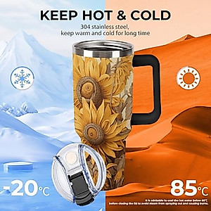 40 Oz Tumbler with Handle Bees And Sunflowers on Old Paper Stainless Steel Coffee Mug Reusable Travel Mug Leak-proof Insulated Car Cup Large Capacity Tumbler for Travel, Outdoor, Home Use (Black)