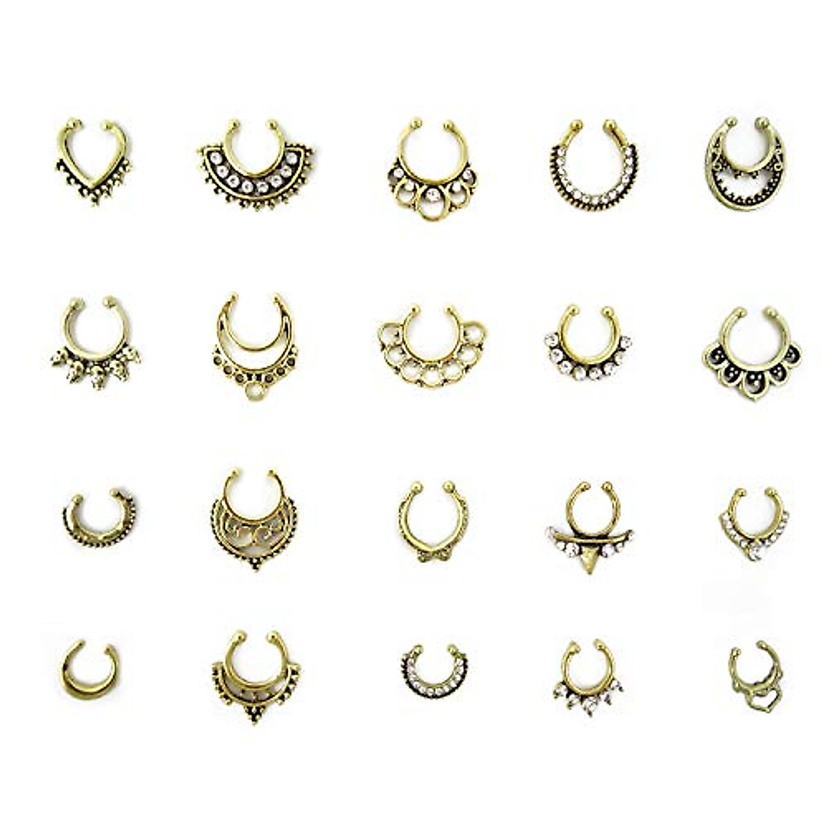 Honbay 20pcs Fake Septum Clicker Nose Ring Rhinestone Non Piercing Hanger Clip Body Jewelry (Bronze)