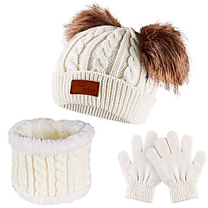 Kids Winter Hat Gloves Scarf Set, Girls Toddler Kids Beanie Hat with Pom Knit Gloves Neck Warmer for Girls Boys (White)