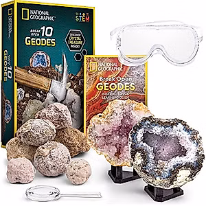 NATIONAL GEOGRAPHIC Break Open 10 Premium Geodes – Includes Goggles, Detailed Learning Guide & 2 Display Stands - Great STEM Science Gift for Mineralogy & Geology Enthusiasts of Any Age