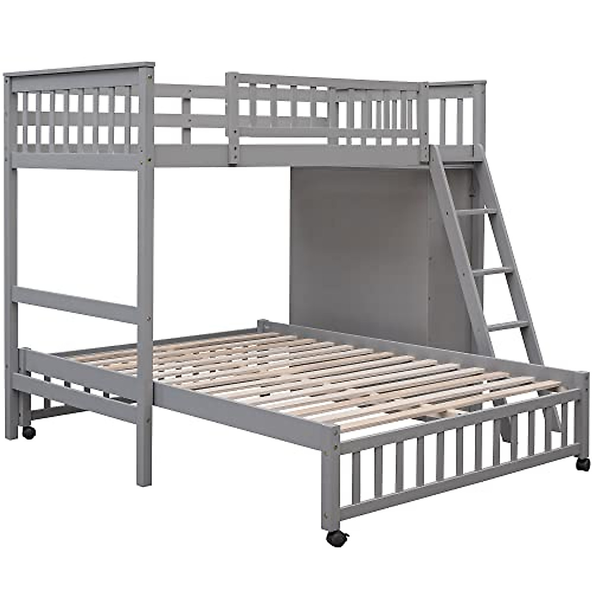 Twin Over Full Bunk Beds with Storage, Wooden L-Shape Bunk Bed Frame with 6 Drawers and Flexible Shelves, Bottom Platform Bed with Wheels can Movable, No Box Spring Needed (Grey)