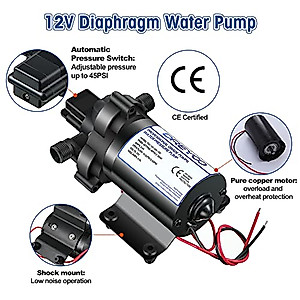 12V Diaphragm Water Pump with Pressure Switch, 3.5 Gpm 45 Psi 12 Volt Pump Self Priming with 50 Mesh Strainer Filter And 2 Hose Clamps, Automatic Water Pump for RV, Garden Hose Booster, Sprayer