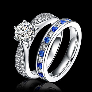 2 pc 925 Sterling Silver Blue Sapphire Engagement Wedding Ring Set (Size Women 8)