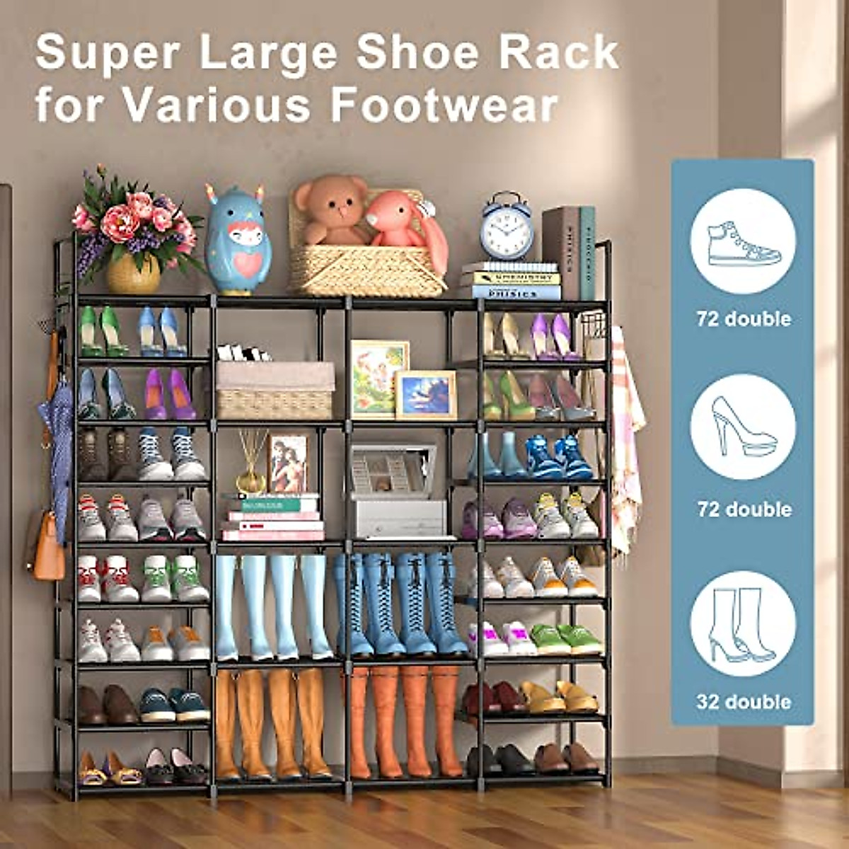 Huolewa Large Shoe Rack Organizer Storage, 4 Row 9 Tier for Bedroom Closet Entryway, Free Standing Tall Metal Shelf Stand, Sturdy Big Black Garage Shoe Holder for 64-72 Pair