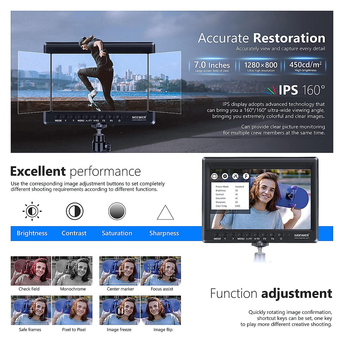 Neewer F100 7 Inch Camera Field Monitor HD Video Assist Slim IPS 1280x800 HDMI Input 1080p with 2600mAh Li-ion Battery/USB Charger，Carrying Case for DSLR Cameras, Stabilizer, Film Video Making Rig