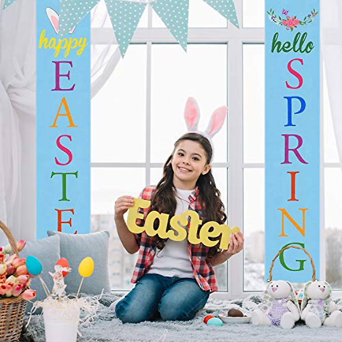 Easter Spring Porch Sign, Hanging Banners Front Porch for Easter Door Decor Outdoor Indoor Party