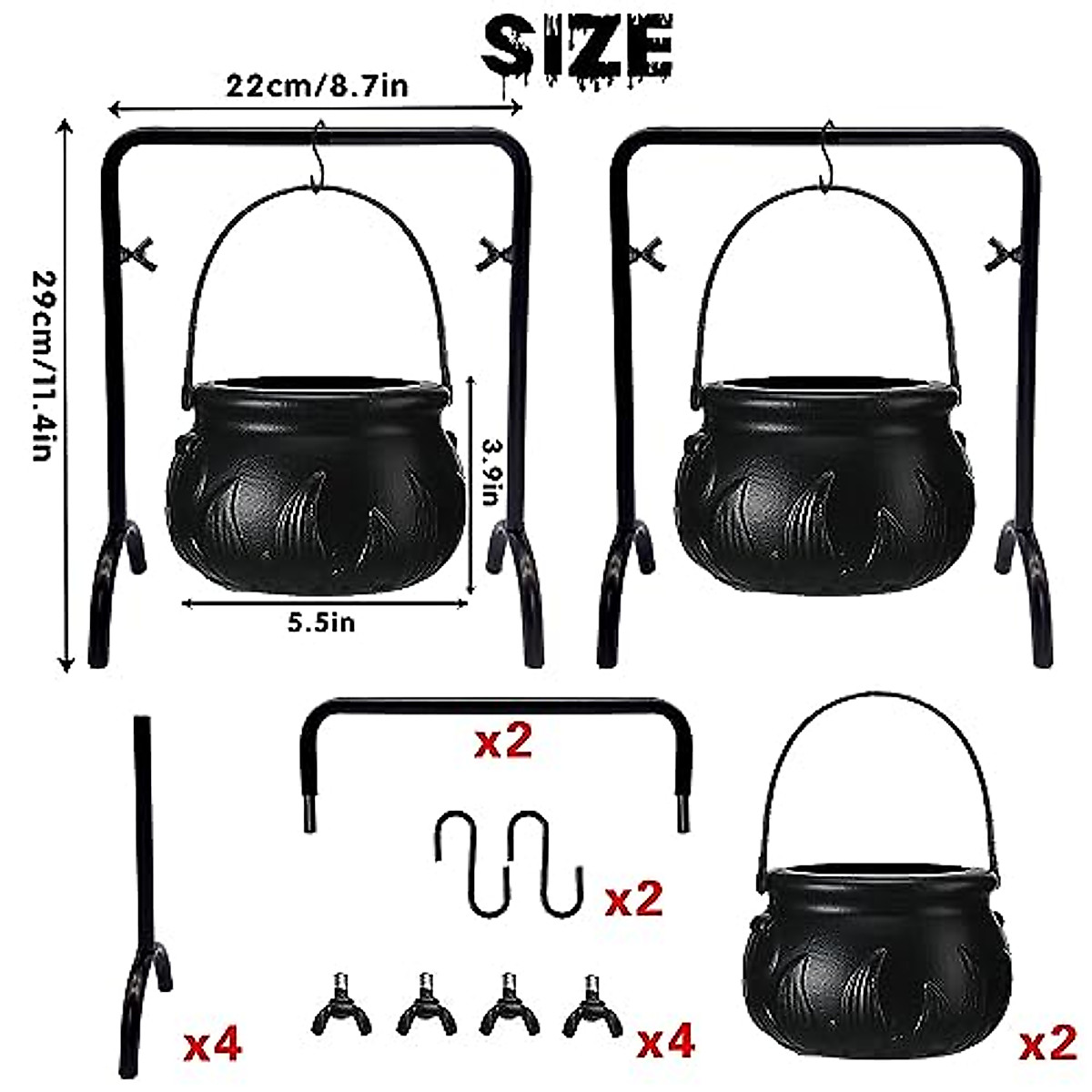 Ahzemepinyo Halloween Witches Cauldron Serving Bowls Rack Decor Set 2 Pieces Black Plastic Candy Bucket Cauldron with 2 Pieces Cauldron Rack for Halloween Party Trick or Treat Decorations
