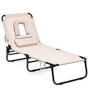 Goplus Folding Lounge Chair for Beach Poolside Balcony Patio, Portable Recliner w/Tanning Face Down Hole and Pillow (1, Beige)