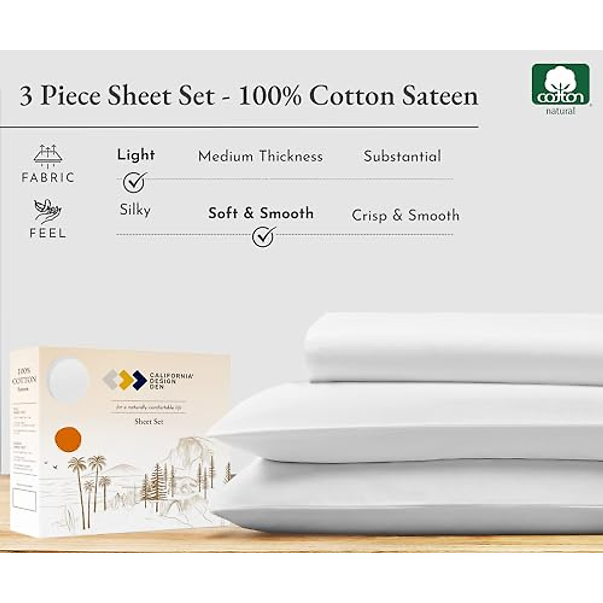 California Design Den Soft 100% Cotton Sheets Twin-XL Bed Sheet Set with Deep Pockets, 3 Pc Extra Long Twin Cooling Sheets with Sateen Weave (White)