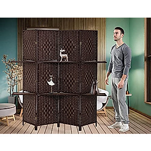 4 Panel Room Dividers and Folding Privacy Screens, 71 Inch High Hand-Woven Design Room Divider Folding Wall Dividers with Shelves, Portable Partition Screen for Room,Freestanding Room Separator, Brown