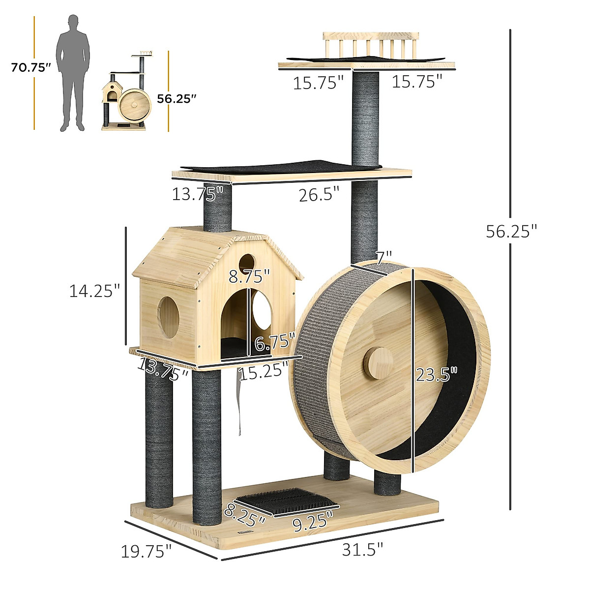 PawHut 56" Cat Tree Activity Condo Luxury Pine Wood with Hamster-Wheel, Sisal Scratching Posts, Elevated Perches, & Roomy Interior