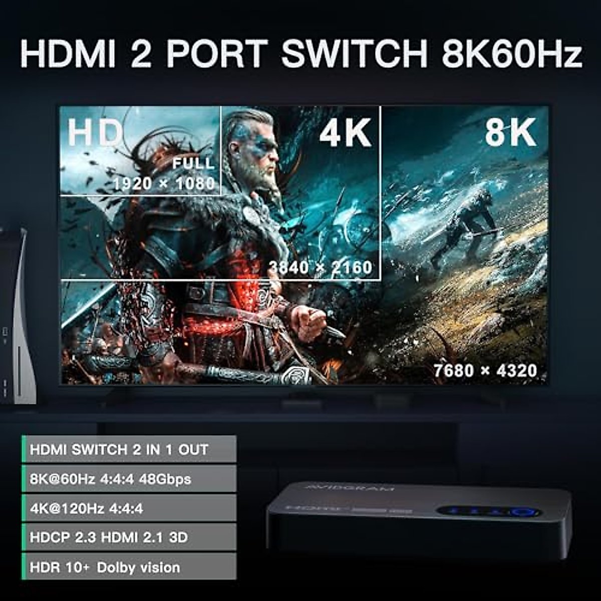 HDMI 2.1 Switch 8K, AVIDGRAM HDMI Switcher 2 in 1 Out, 2 Port 4K 120Hz Auto HDMI Selector Hub Support 8K@60Hz 48Gbps, Compatible with Xbox Series X, PS4 Pro, PS5, UHD TV, Monitor, Projector