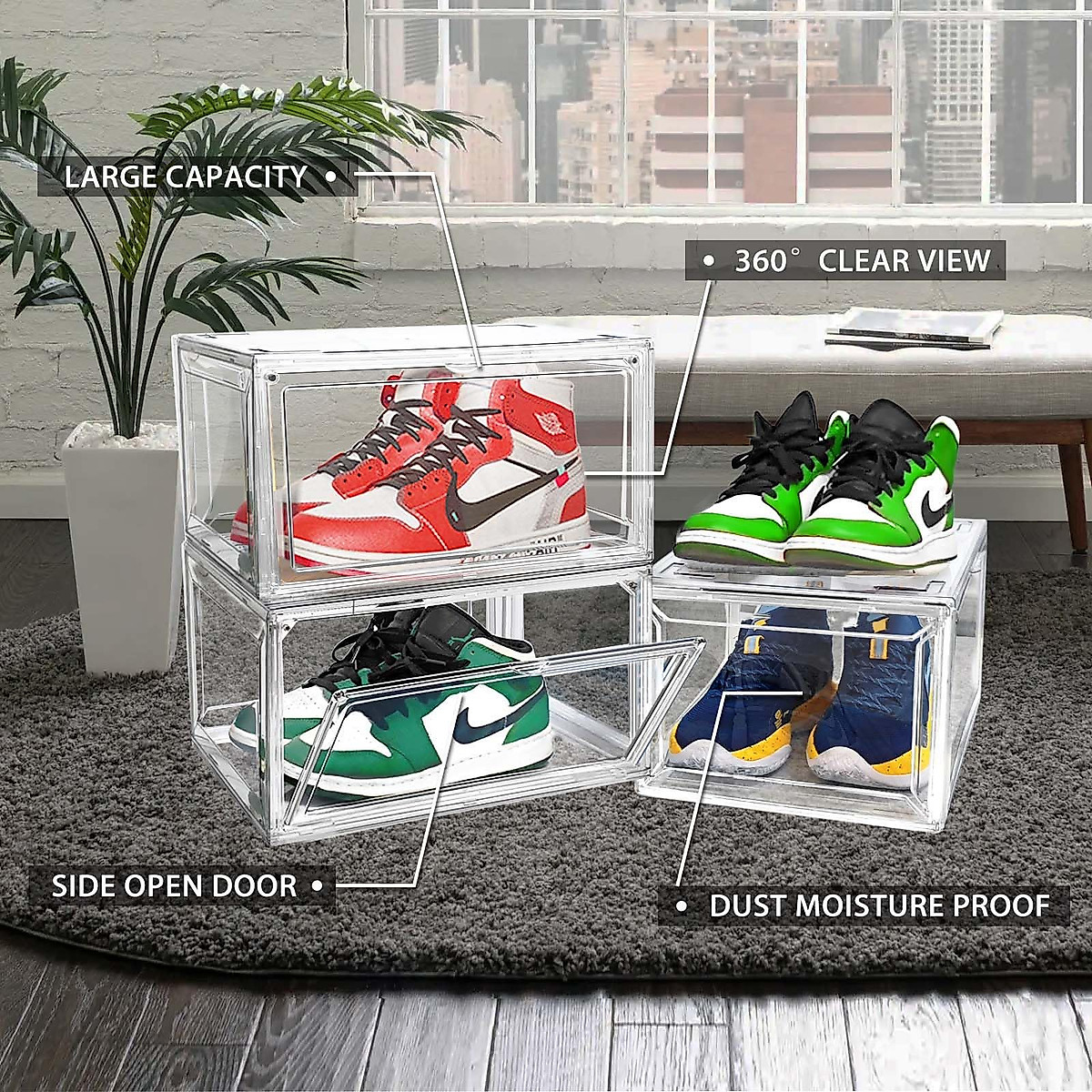 EZJOB Modern Clear Shoe Box, Acrylic Sneaker Shoe Storage Box, Stackable Shoe Display Case with Magnetic Door, 1 Pack Size 15
