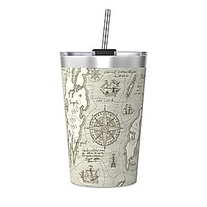 PAYOHTO Vintage Nautical Route Map Insulated Stainless Steel Tumbler 12 oz Thermos Come with Straw Kids Leak-Proof Travel Mug Cup