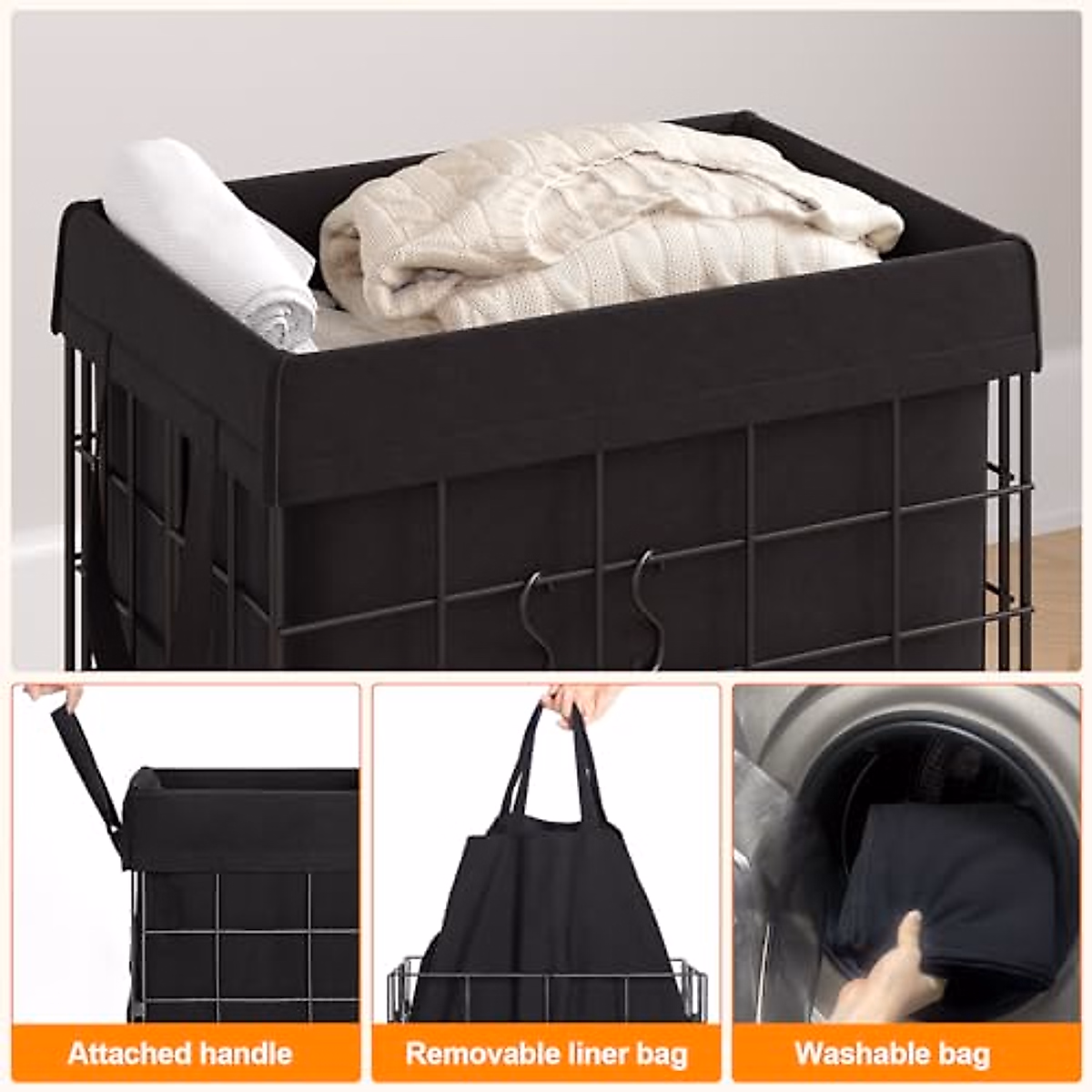ELYKEN 2 Pack Laundry Hamper with Wheels, Durable Metal Wire Frame with Removable 70L/18.8Gal Capacity Inner Bag, Rolling Laundry Basket with Washable Liner Bag for Bathroom, Black