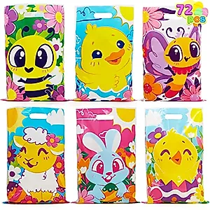 JOYIN 72 Pcs Easter Large Plastic Tote Bags, Easter Goodie Treat Gift Bags for Egg Hunt, Easter Kids Party Favor Party Supplies(Animals and Flowers)