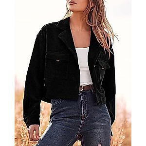 BTFBM Women's Corduroy Cropped Jacket 2023 Winter Fall Lapel Button Down Casual Short Shacket Jackets Coats with Pockets(Soldi Black, Large)