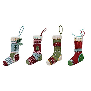 Creative Co-Op Handmade Wool Felt Stocking Ornament with Beads and Embroidery, Multicolor, Set of 4 Styles