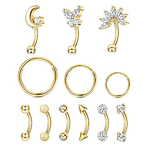 Ubjuliwa 12pcs 16G Rook Piercing Jewelry Eyebrow Rings Stainless Steel Belly Lip Ring Cartilage Hoop Rook Daith Earrings Tragus CZ Body Piercing Curved Barbell