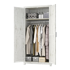LUXOAK 70" Large Armoire Wardrobe Closet with Hanging Rod, Farmhouse Clothing Storage Cabinet with 2 Barn Doors, Wooden Tall Bedroom Armoires with Shelf, Distressed White